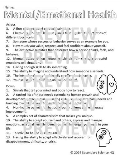Mental and Emotional Health Vocabulary Crossword Puzzle & Word Search ...