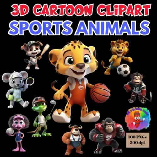 3d Cartoon SPORTS ANIMALS - PNG Printable Clipart Images for Commercial Use