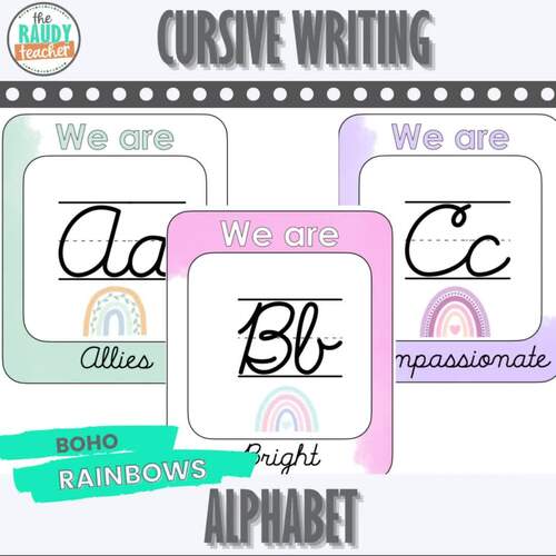 Cursive Alphabet Posters | SEL | Boho Rainbow Design by The Raudy Teacher