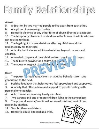 Family Relationships Vocabulary Crossword Puzzle & Word Search | Health