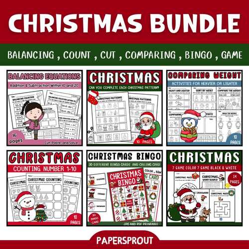 Christmas Activities Bundle | Math, Games and Worksheets for Kindergarten