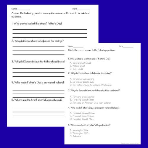 History of Father's Day Reading Comprehension & Activities | TPT