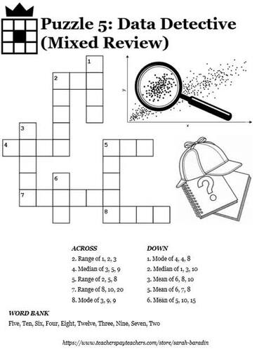 Math Statistics & Data 5 Crossword Grade 6 with word Bank Pack 5