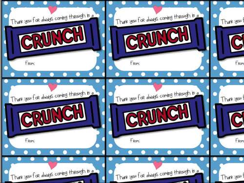 Crunch Chocolate Thank You Gift Tag for Students and Teachers | TPT