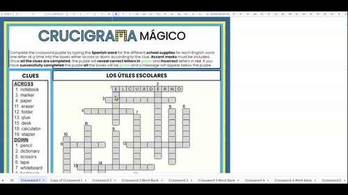 Spanish School Supplies Self-checking Digital Crosswords and Printable ...