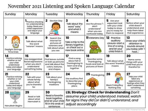 November 2021 Listening and Spoken Language Calendar for Home Practice