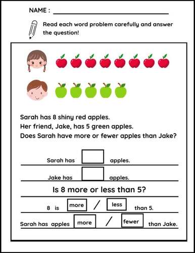 1st & 2nd Grade Comparing Numbers Word Problems |Greater Than Less Than