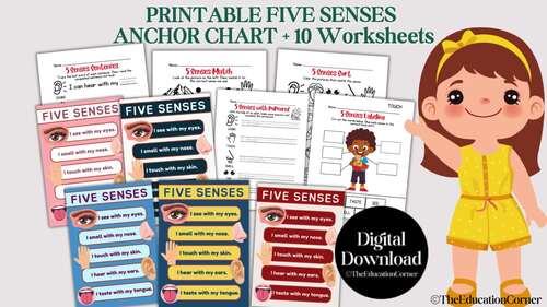 Printable Five Senses Anchor Charts +10 WORKSHEETS! Elementary, ESL ...