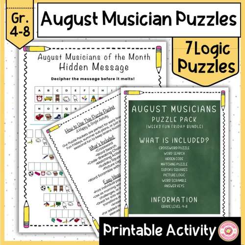 August Composer of the Month Puzzle Pack for Middle School Music Code ...