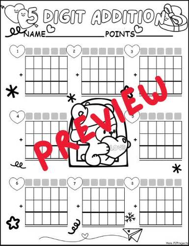 Valentine's Day Themed 4, 5, 6 and 7-Digit Addition & Subtraction Templates