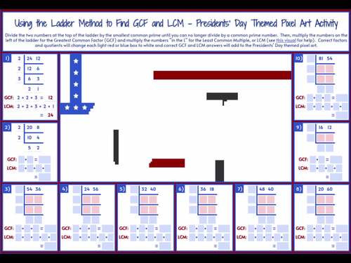Using the Ladder Method for GCF LCM self checking Presidents Day Pixel ...