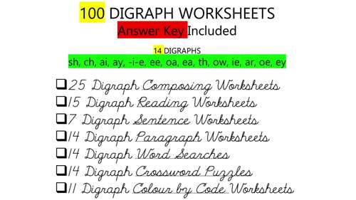 100 Digraph Worksheets - Words, Sentences & Comprehension Passages