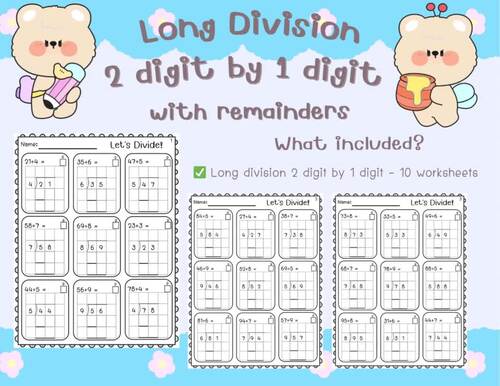 Long Division worksheets – 2 Digit by 1 Digit with Remainders | Math