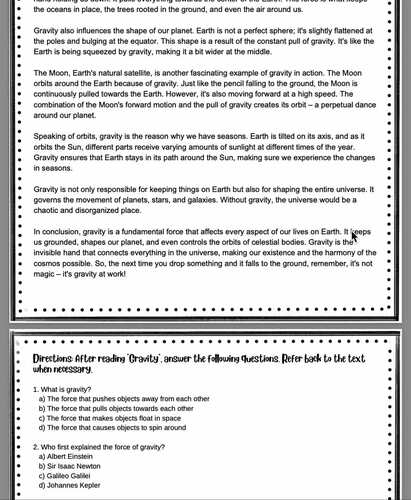 Gravity Reading Passage Worksheet | Comprehension & Writing Task