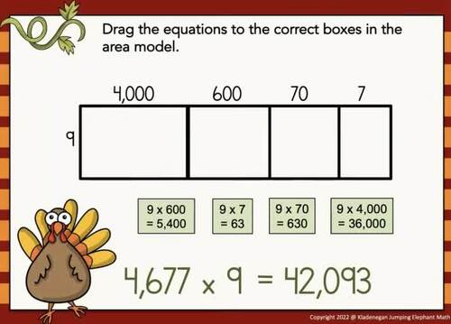 Thanksgiving 4 Digit by 1 Digit Multiplication Area Model Boom Cards