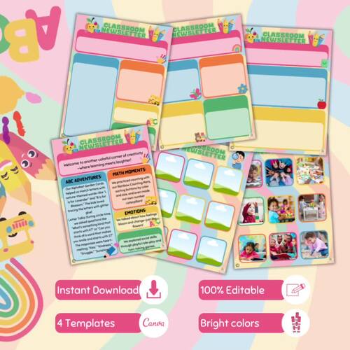 Preschool Weekly Newsletter Template. Colorful Editable Digital Download.