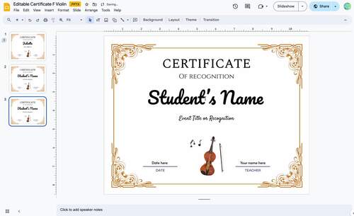 Editable and Printable Violin Music Recital Certificate Awards Template