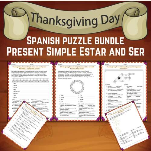 Present Simple Estar and Ser Spanish Puzzle Thanksgiving Bundle Grammar