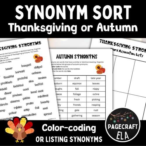 Thanksgiving and Autumn Synonym Sorting Activity Sheets by Pagecraft ELA