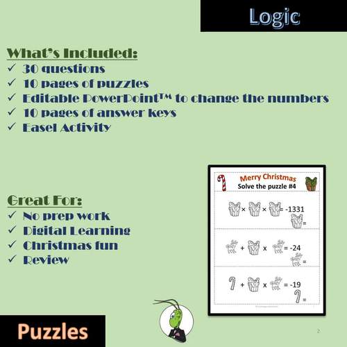 Christmas Seasonal Logic Puzzles | Number Sense | Algebra 1 | TPT