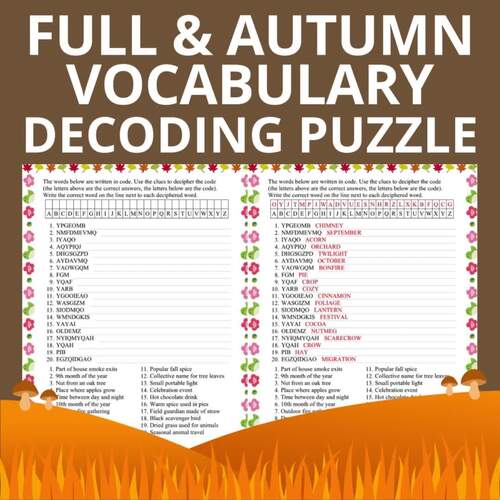 Fall & Autumn Vocabulary Decoding Puzzle | Fun Word Work Activity with ...