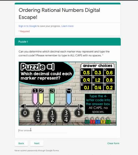 Comparing and Ordering Rational Numbers Digital Math Escape Room Activity