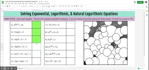 Solving Exponential and Logarithmic Equations Digital Mystery Picture