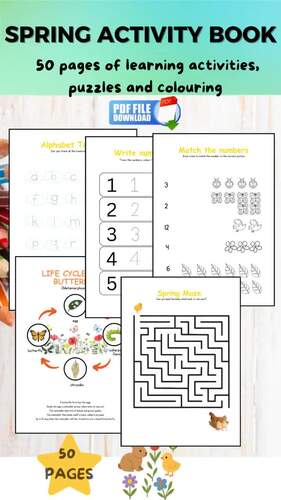 Spring Activity Booklet, Learning Worksheets, Coloring & Puzzle Game Pages