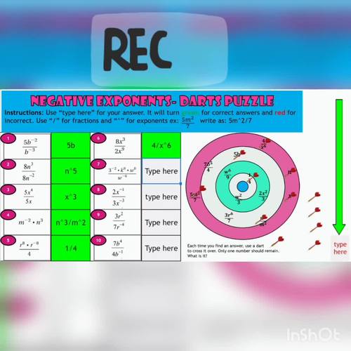 Negative Exponents - Darts Puzzle - Self Checking Digital and PDF