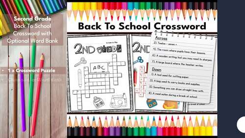 Back To School Crossword Puzzle for 2nd Grade with Optional Word Bank