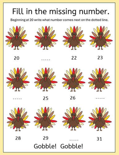 Thanksgiving theme Kindergarten & First Counting Missing Numbers 20-100 ...