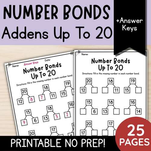 Number Bonds Up To 20 Missing Addends | 1st & 2nd Garde Math | TPT