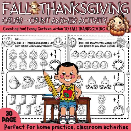 Fall Thanksgiving Color and Count Activity, Count Within 10, Fun Autumn ...