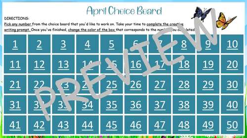 April Spring Choice Board With 50 Writing Prompts by Bell to Bell Resources