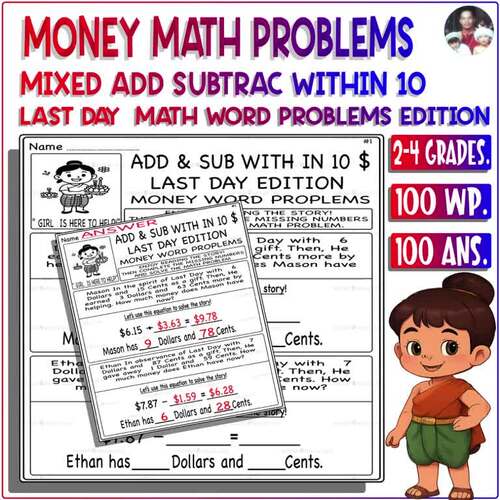 Last Day Math Money Word Problems mixed Add and Sub Within 10 - Train ...