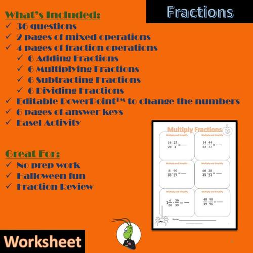 Halloween Operations of Fractions Worksheet Editable by Grasshopper ...
