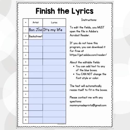 Editable Finish the Song Lyrics: Creative Music Writing Activity