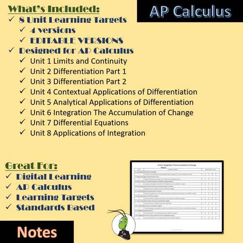 AP Calculus AB Learning Targets for Standards Based Grading | TPT