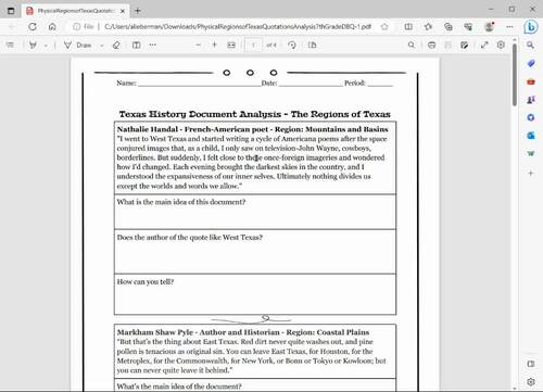 Physical Regions of Texas Quotations Analysis | 7th Grade | DBQ | TPT