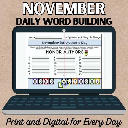 November Word Building Activities | Daily Print and Digital Word Work