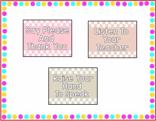 Printable Boho Checkered Classroom Rules Labels, Classroom Rules Posters