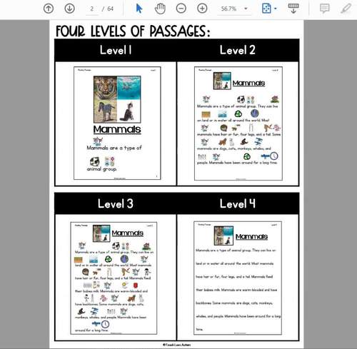 Mammals Reading Comprehension Passages and Questions with Visuals