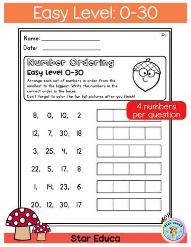 Fall Ordering Numbers Least to Greatest Worksheets & Activities to 120