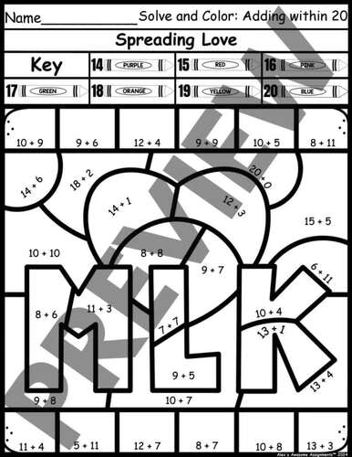 Color by Number: Martin Luther King Jr. Adding & Subtracting within 20 ...