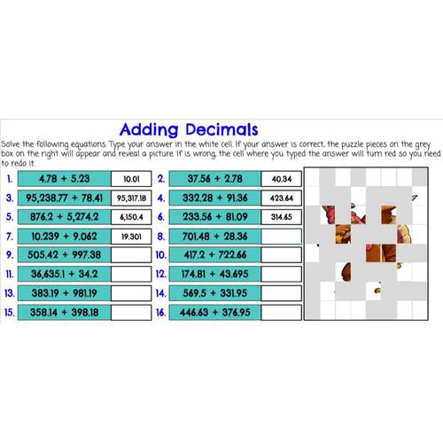 Adding Decimals- Digital Self Grading Puzzle by Ms Pat Store | TPT