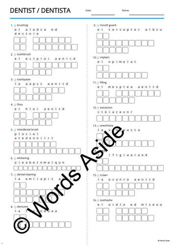 Spanish English Bilingual Vocabulary Worksheets Cards Puzzles Games DENTIST
