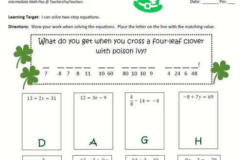 Saint Patrick's Day Equations - Math PDF by Intermediate Math PLUS