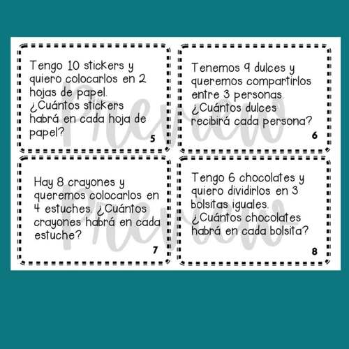Tarjetas de Problemas de División de Un Dígito - Práctica de División