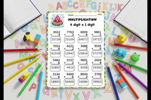 Multiplication Worksheets 4-Digit by 1-Digit | Cute Kawaii Fruits Math ...