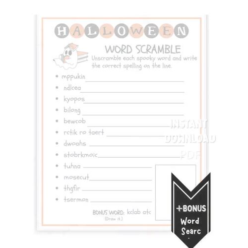 Halloween Word Scramble & Bonus Word Search – Literacy Printable for ...